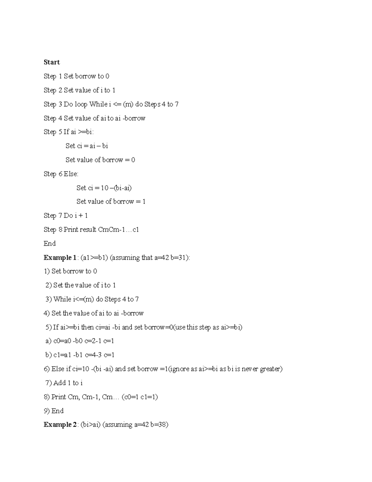 Algorithm Problem Answer - Start Step 1 Set borrow to 0 Step 2 Set ...