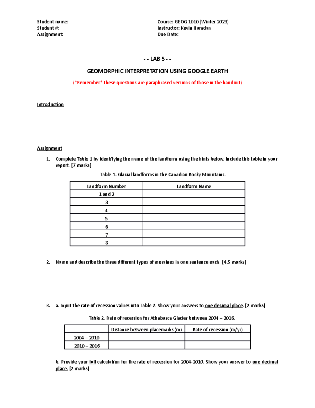 GEOG1010 - Lab 5 Report Template 1 - Student #: Assignment: Instructor ...
