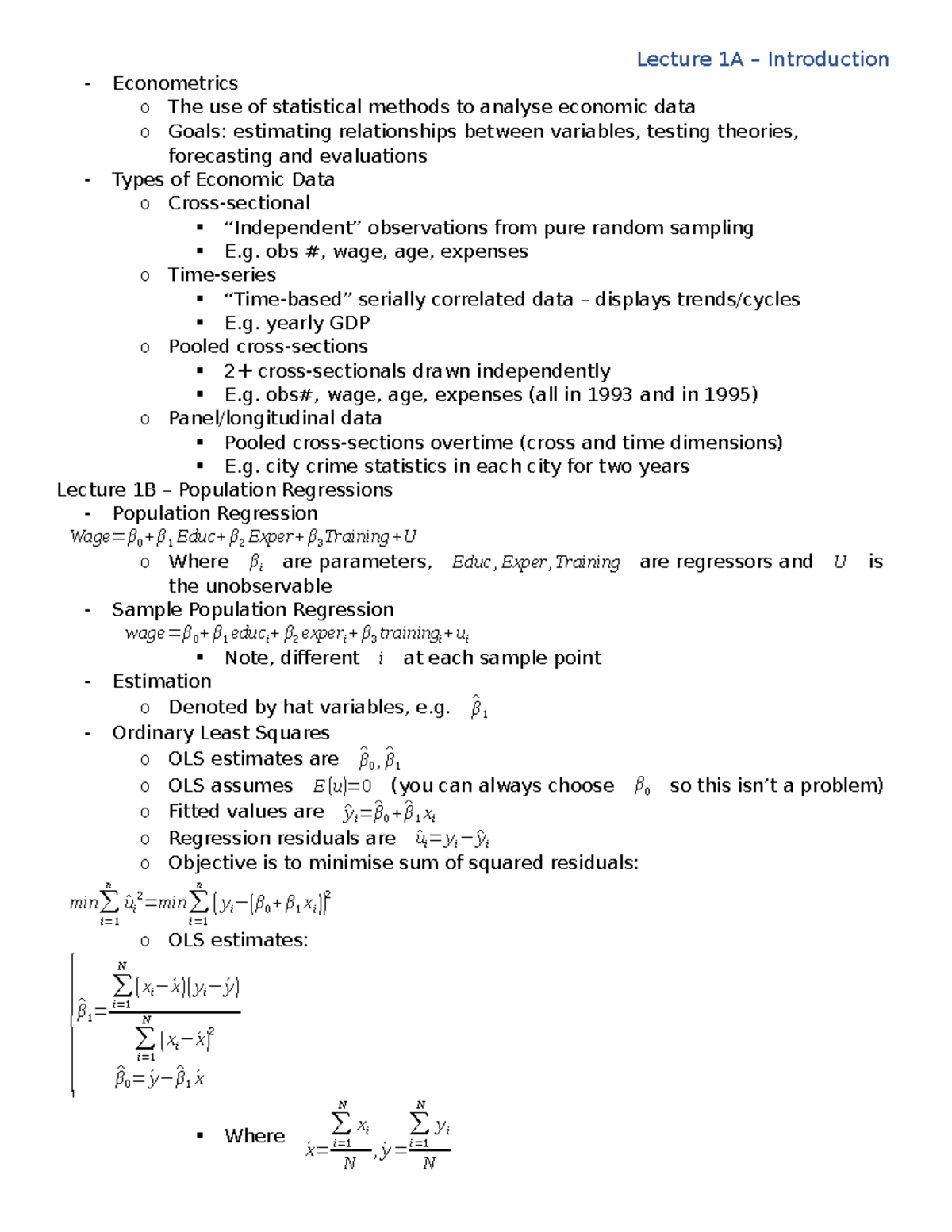 Econ 2206 Notes Lecture 1a Introduction Econometrics O The Use Of