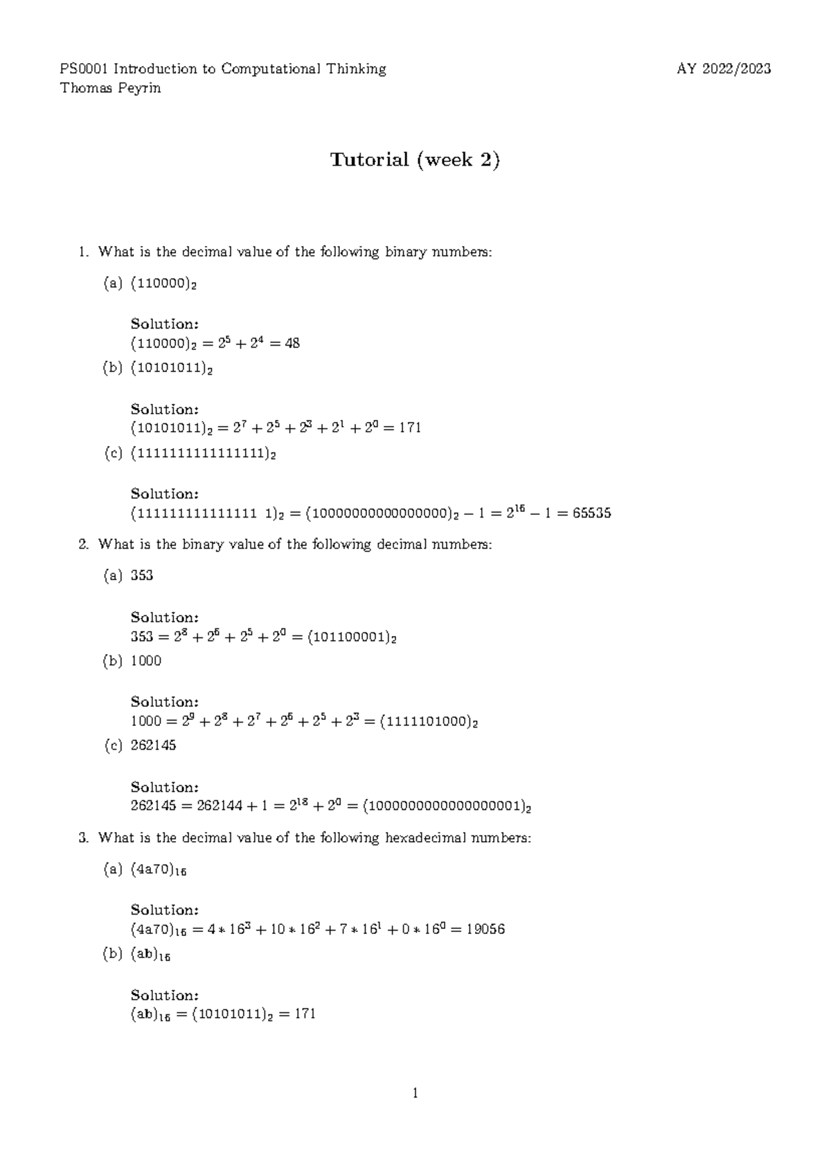 PS0001 Tutorial 2 Sol - PS0001 Introduction to Computational Thinking ...