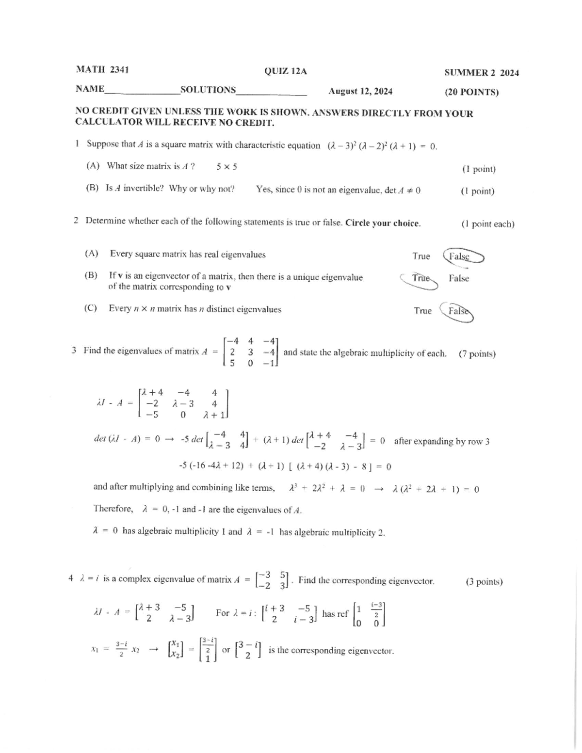 Quiz12Solutions SU 2'24 - MATH 2341 QUIZ 12A SUMMER 2 2024 NAME ...