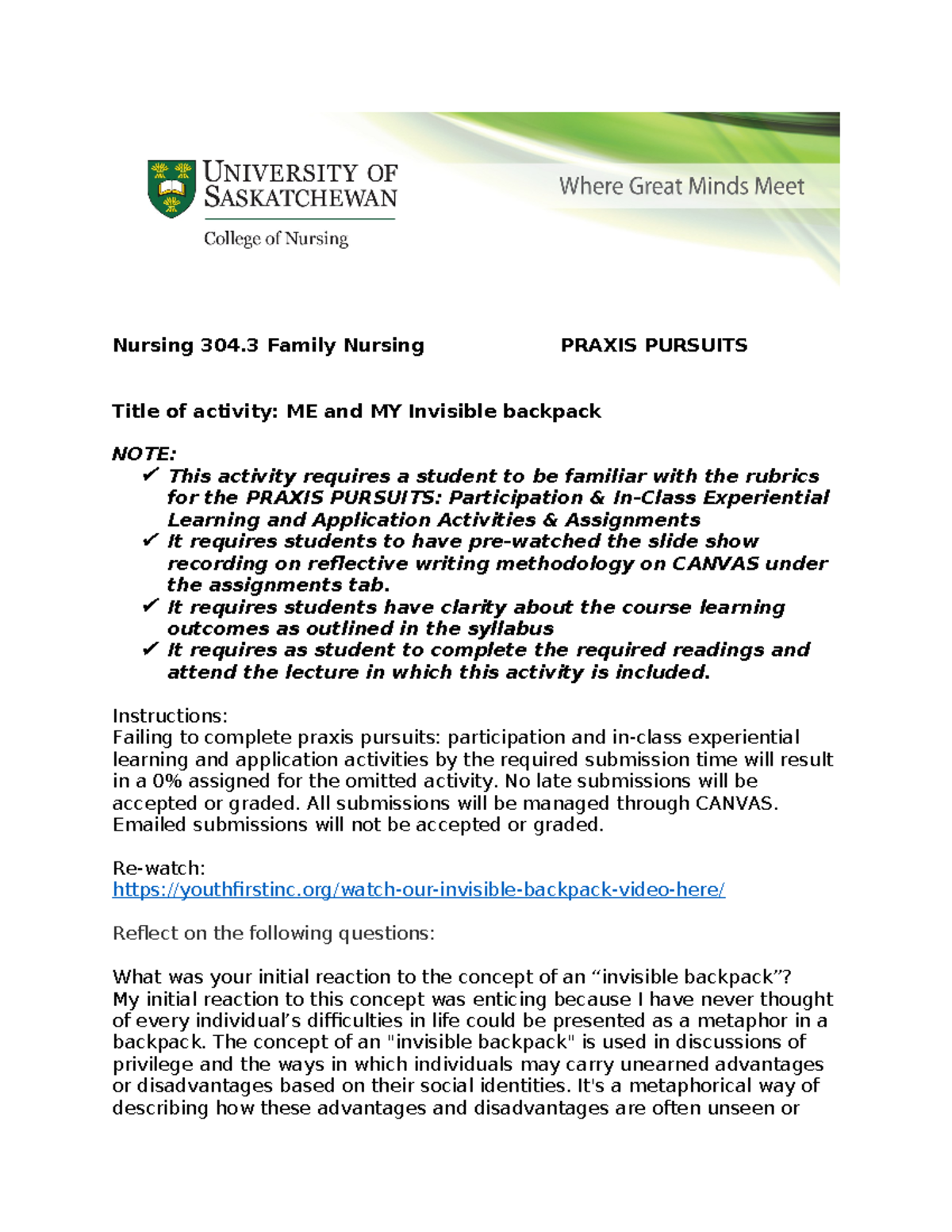 My invisible Backpack-5 - Nursing 304 Family Nursing PRAXIS PURSUITS ...