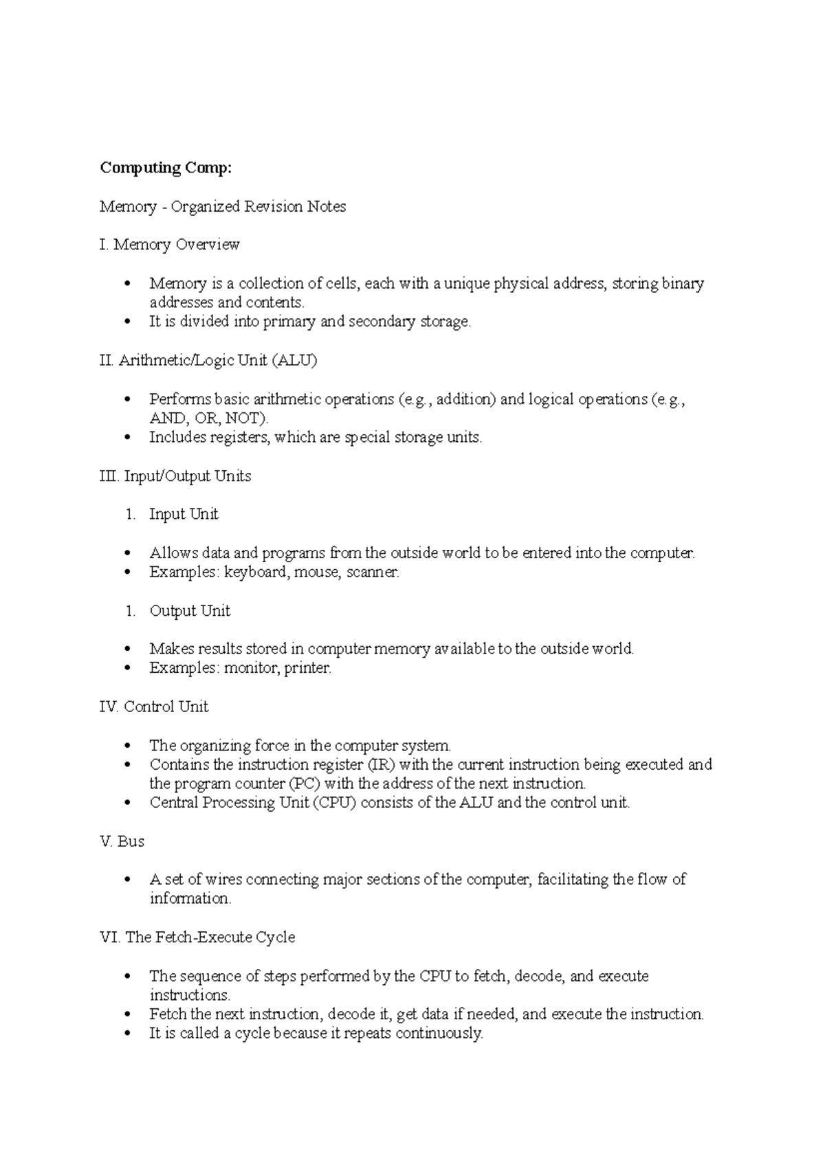 Ict rev - Overview of notes - Computing Comp: Memory - Organized ...