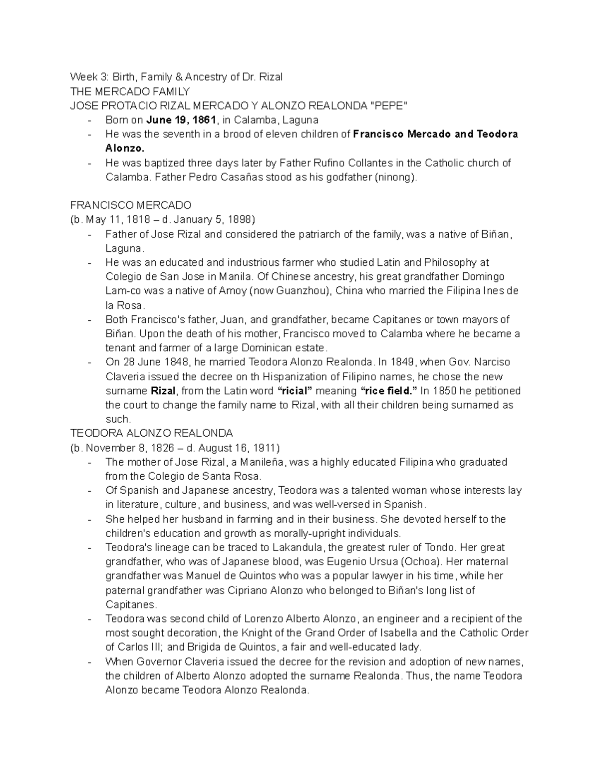 Rizal WEEK 3-5 - Lecture - Week 3: Birth, Family & Ancestry of Dr ...