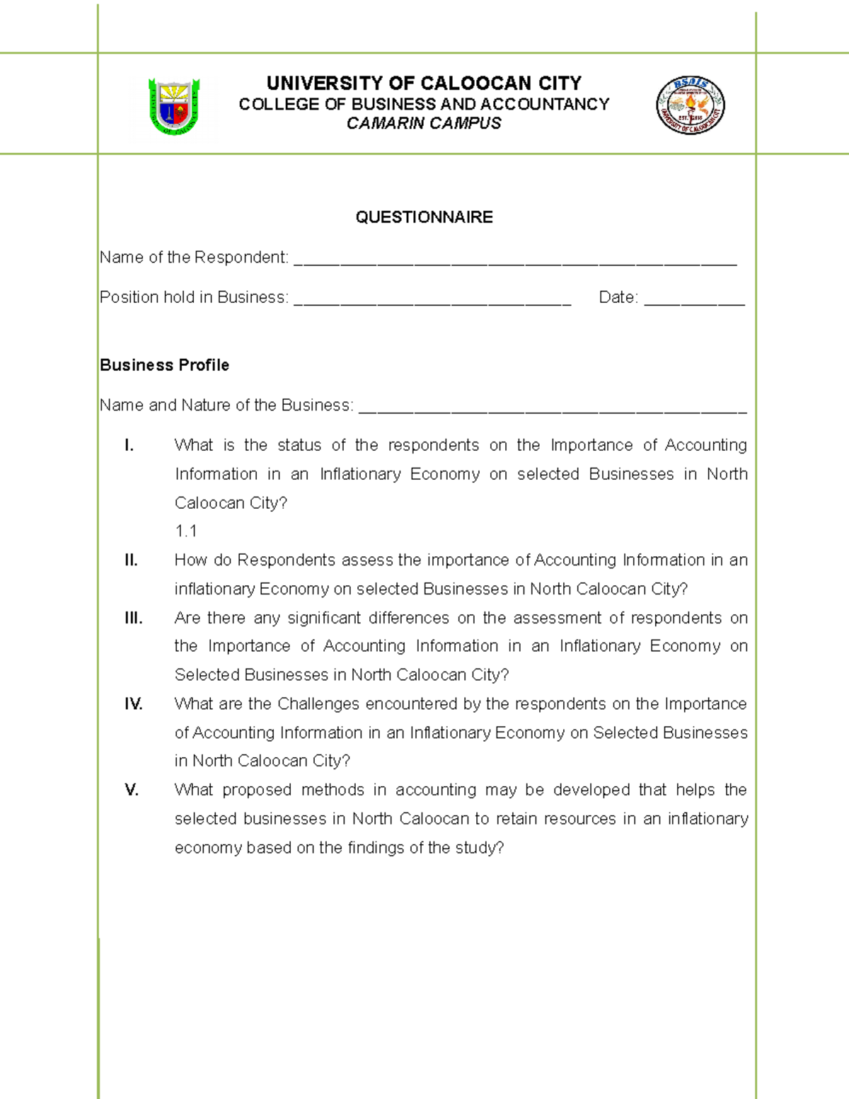 Questionnaire - sdwfvbfv - COLLEGE OF BUSINESS AND ACCOUNTANCY CAMARIN ...