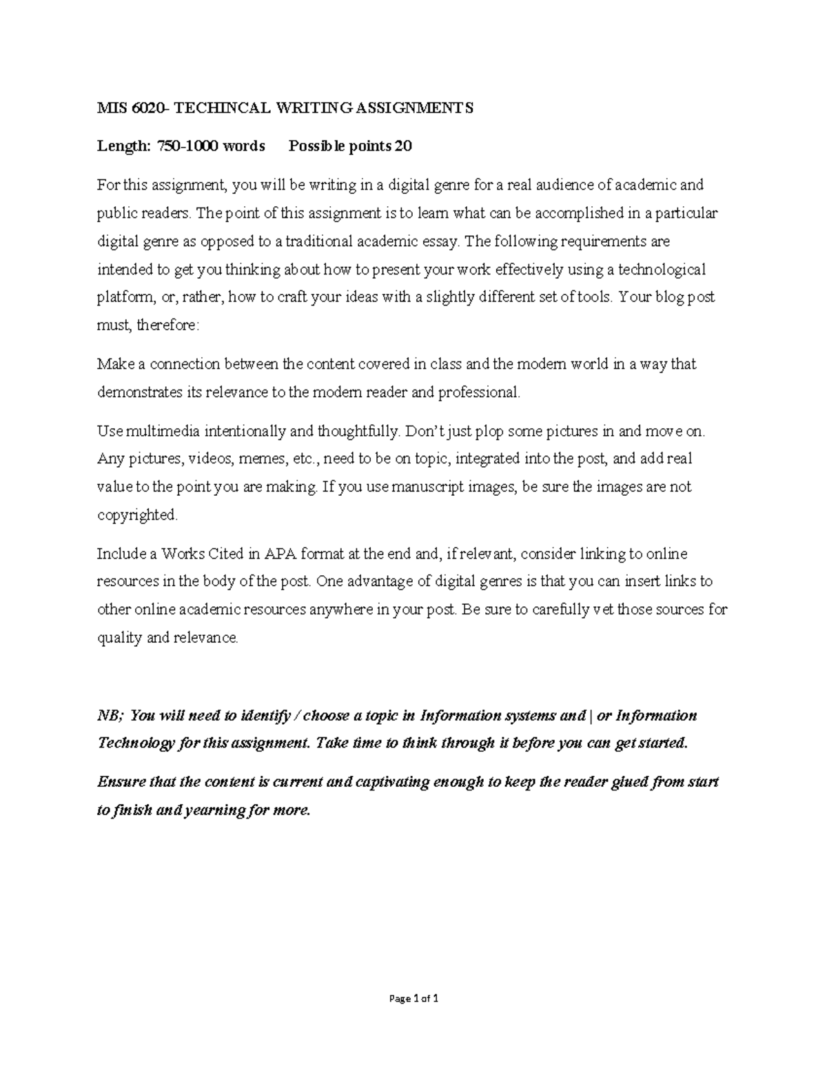 MIS6020 Technical writing Assignment STD - MIS 6020- TECHINCAL WRITING ...