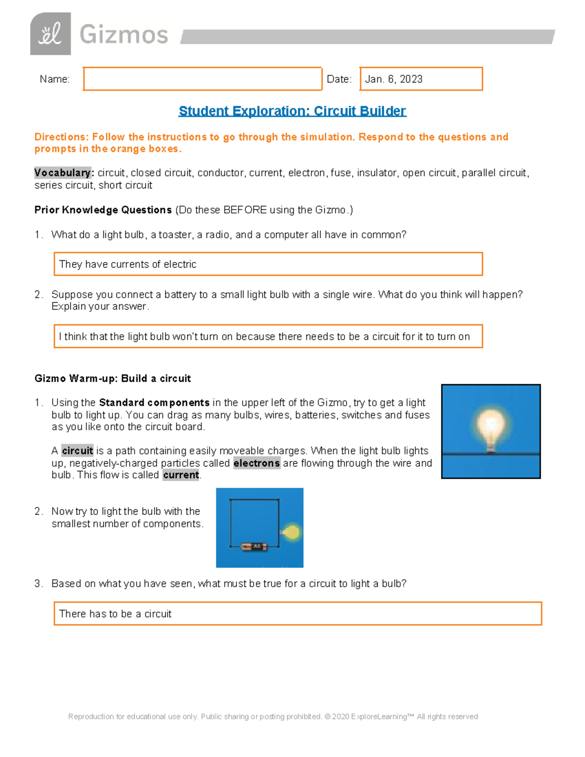 Circuit Builder Gizmo - Yup - Name: Date: Jan. 6, 2023 Student ...