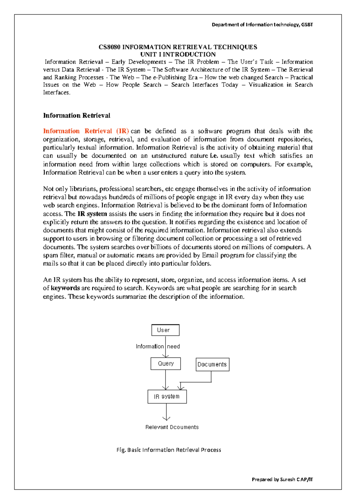 Ir unit-1 - CS8080 INFORMATION RETRIEVAL TECHNIQUES UNIT I INTRODUCTION Information Retrieval ...