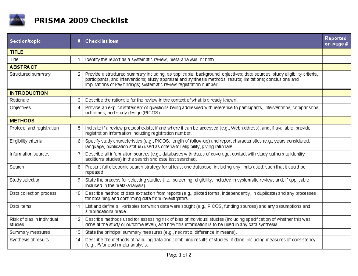 Prisma 2009 Checklist MS Word - PRISMA 2009 Checklist Section/topic ...