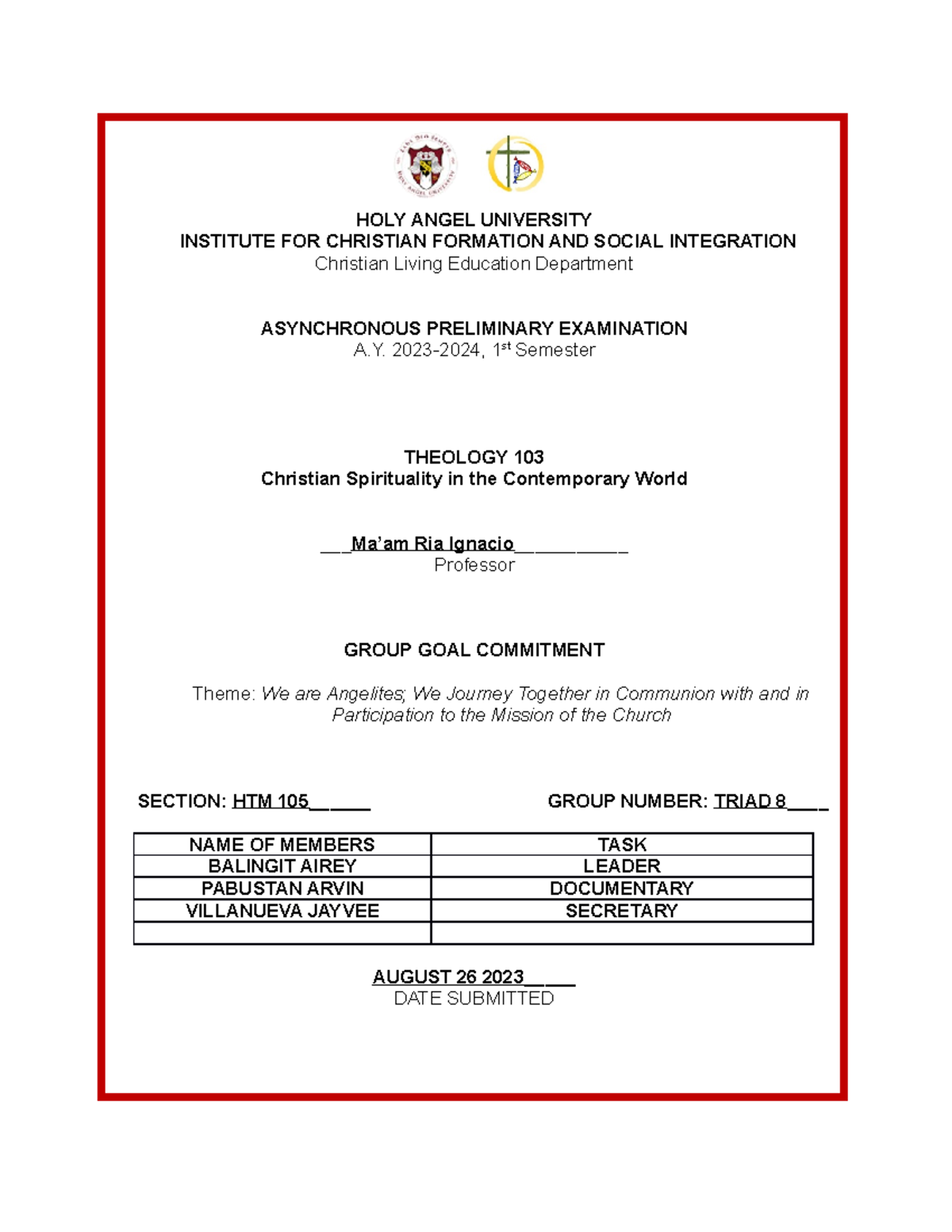 Theology 103 Prelim Exam Template-2 - HOLY ANGEL UNIVERSITY INSTITUTE ...