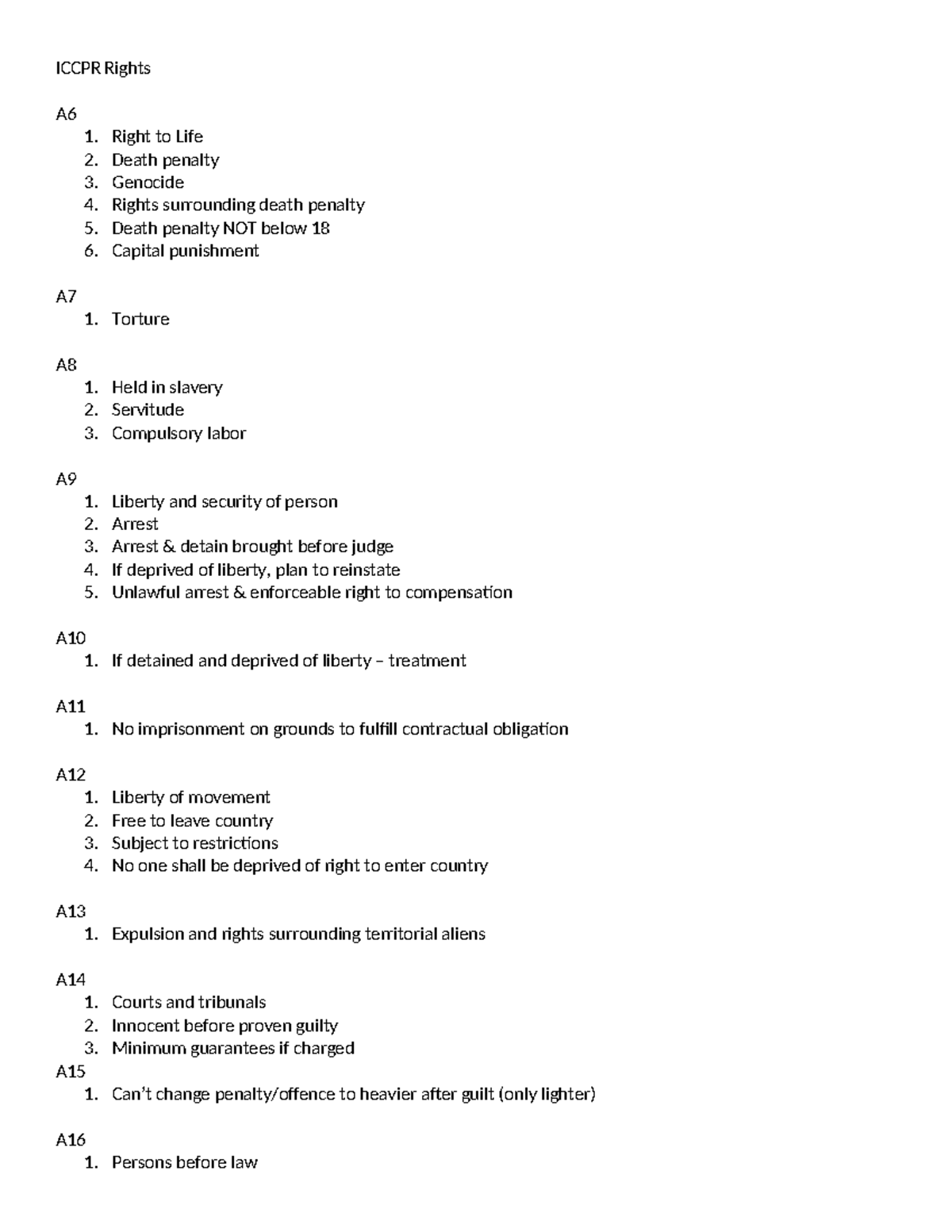 Iccpr Rights - for lab rihts - ICCPR Rights A 1. Right to Life 2. Death ...