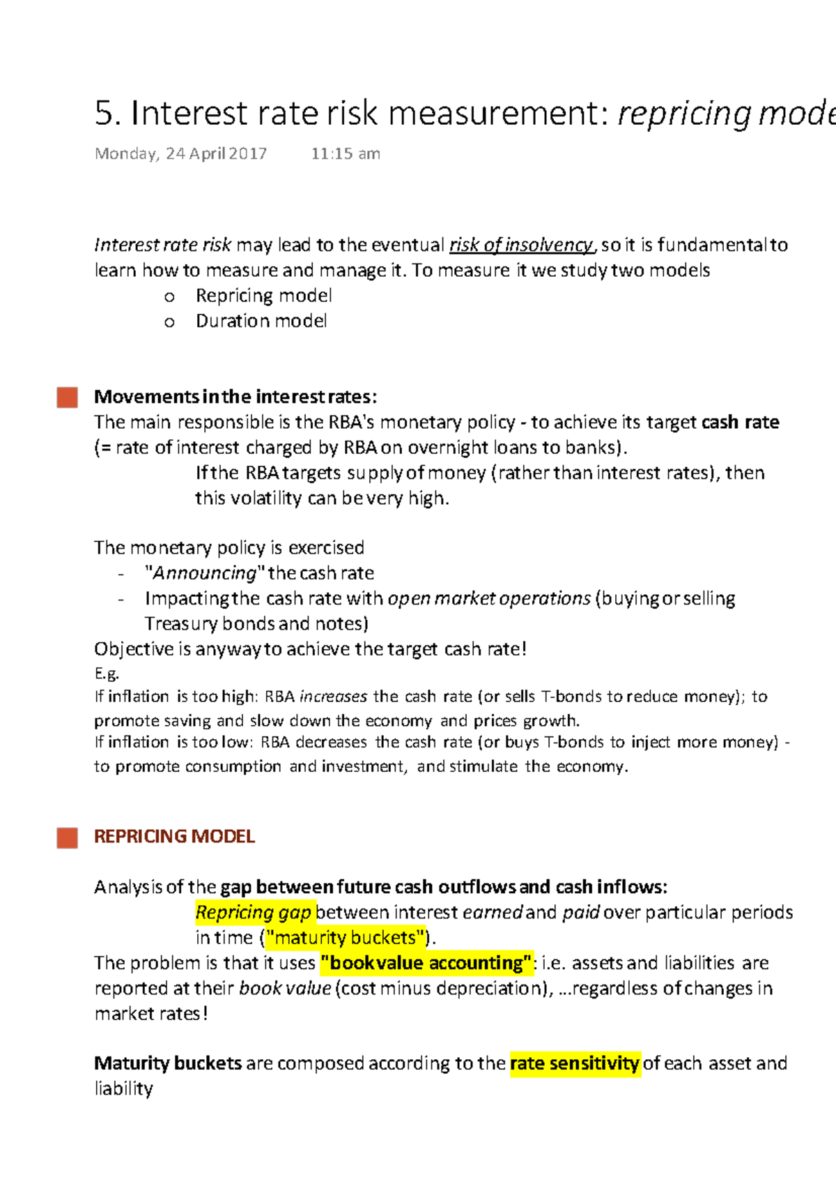 5. Interest rate risk measurement repricing model - 5. Interest rate ...