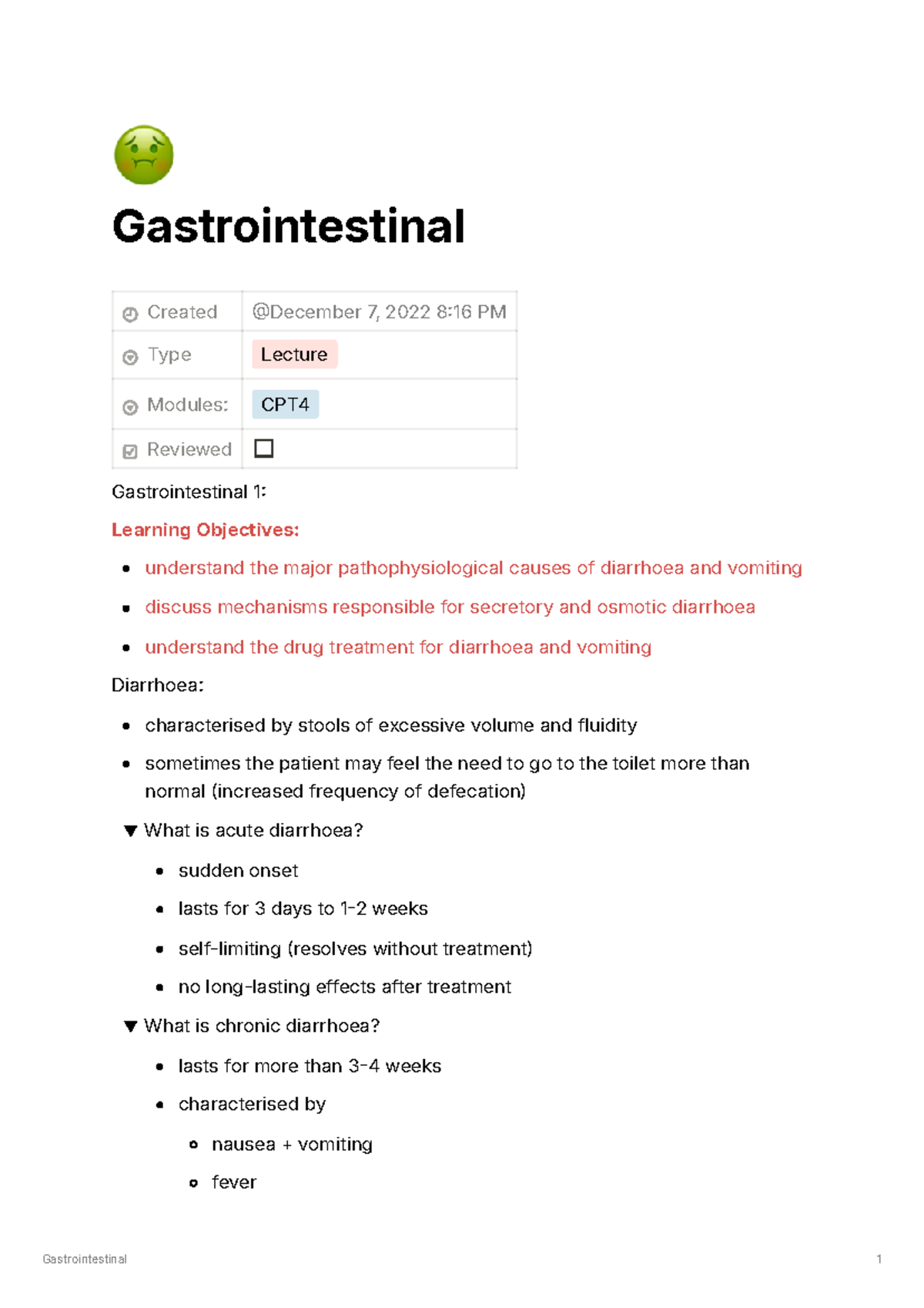 Gastrointestinal Notes - 🤢 Gastrointestinal Created Type Lecture ...
