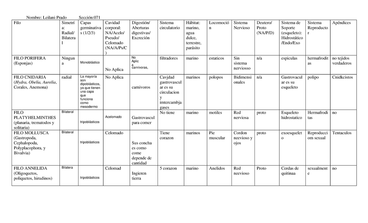 Tarea - Tabla animales - Nombre: Leilani Prado Sección: 071 Filo Simetrí a: Radial/ Bilatera l ...