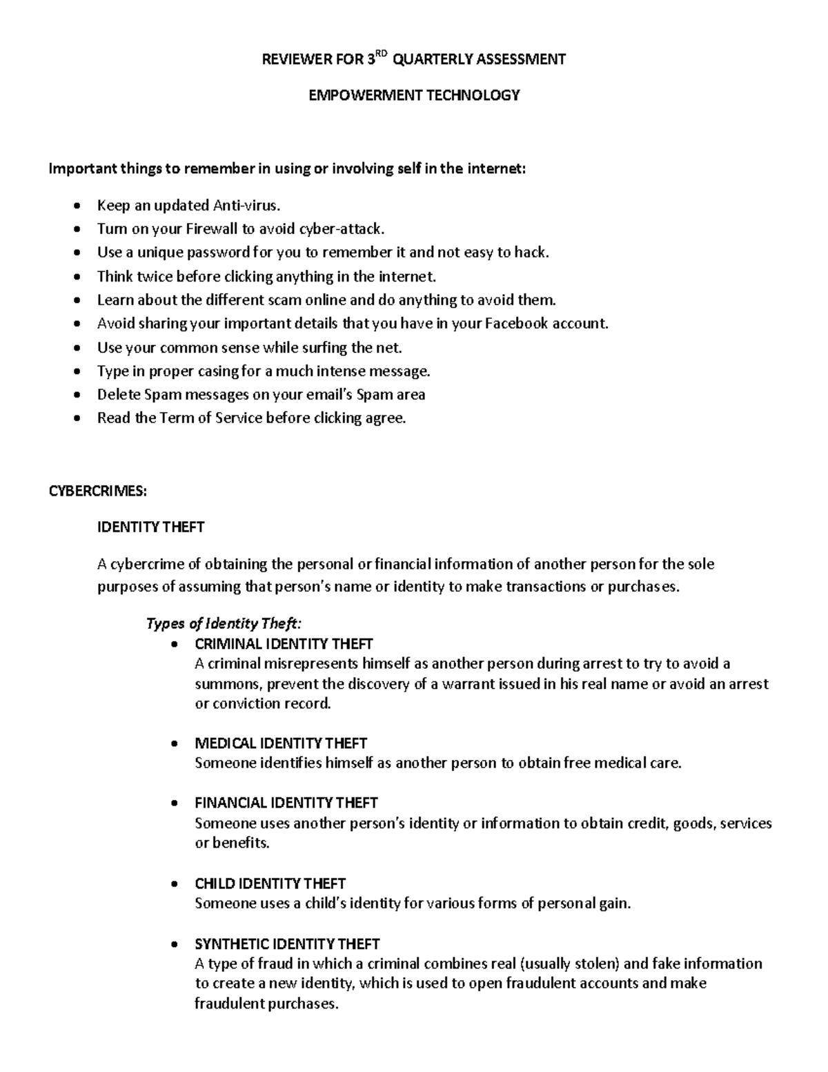 Empowerment Technology Reviewer - REVIEWER FOR 3RD QUARTERLY ASSESSMENT ...