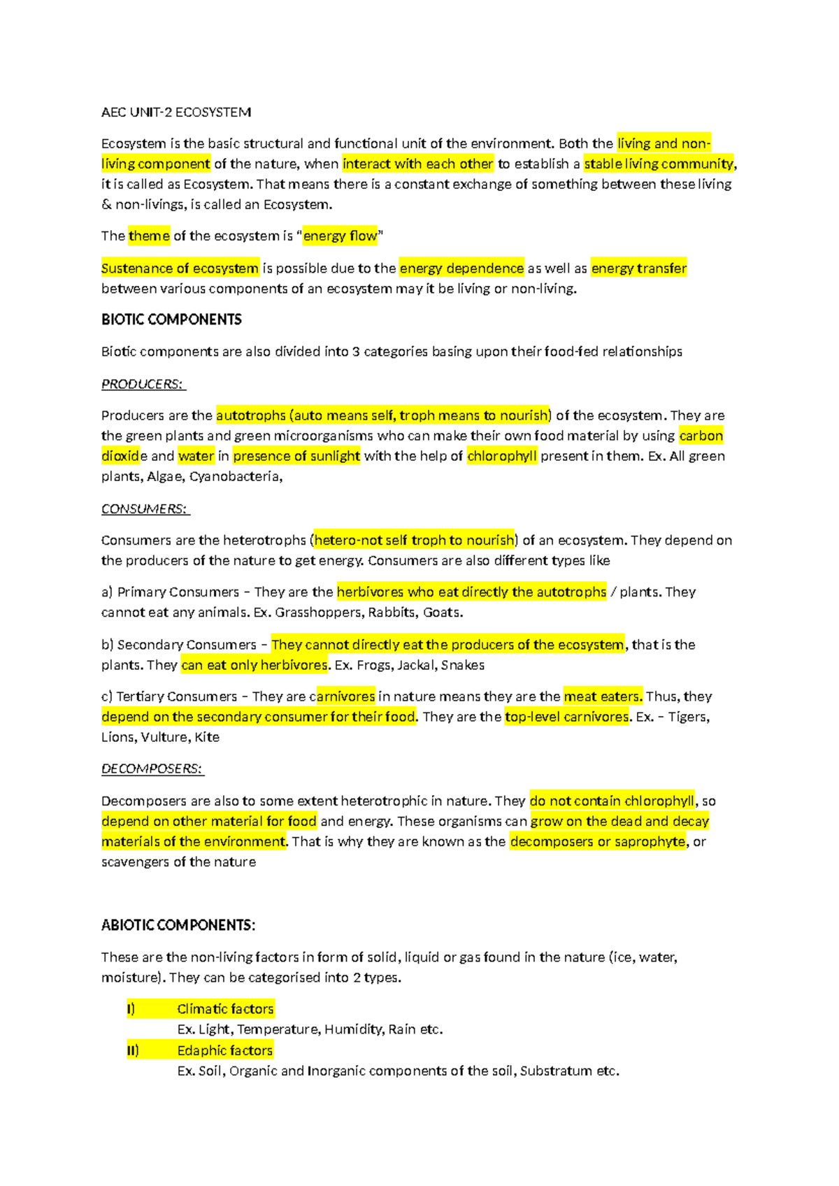 AEC UNIT 2 ecosystem notes - AEC UNIT-2 ECOSYSTEM Ecosystem is the ...