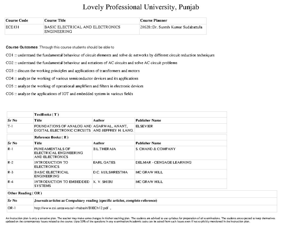ECE131 Basic Electrical AND Electronics Engineering - Lovely Professional University, Punjab ...