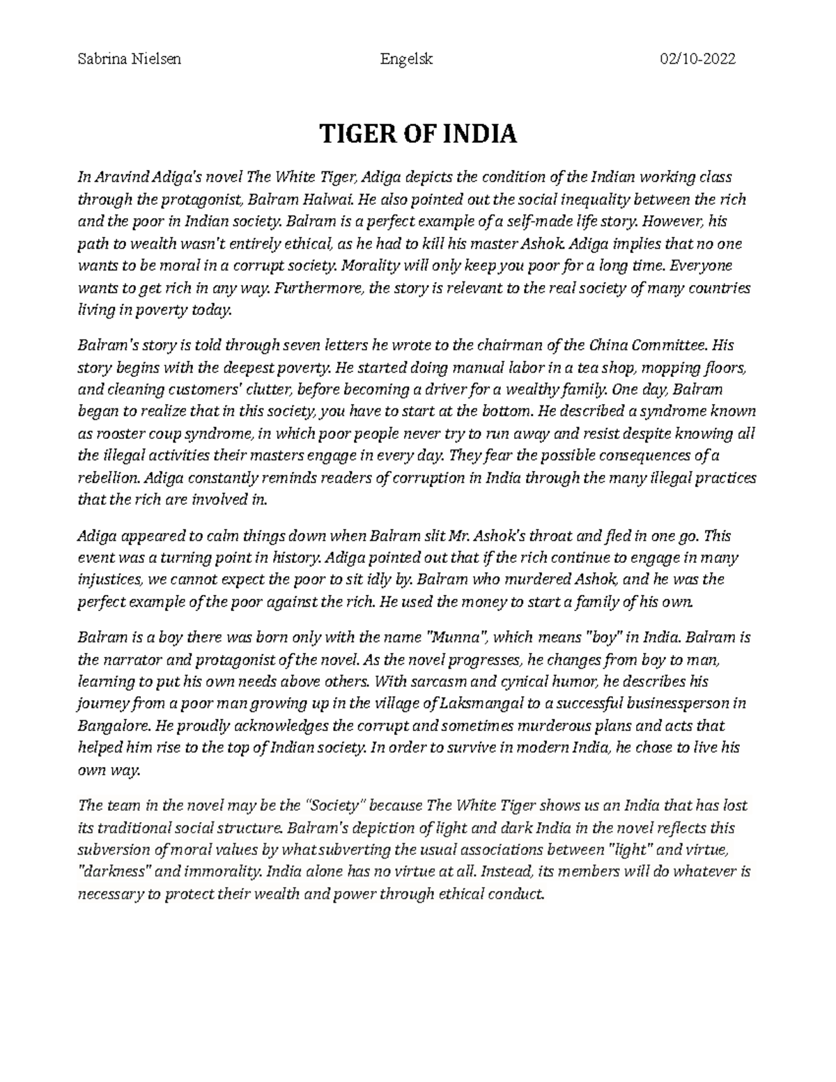 Analytical essay - The White Tiger (2) - Sabrina NielsenEngelsk02/10 ...