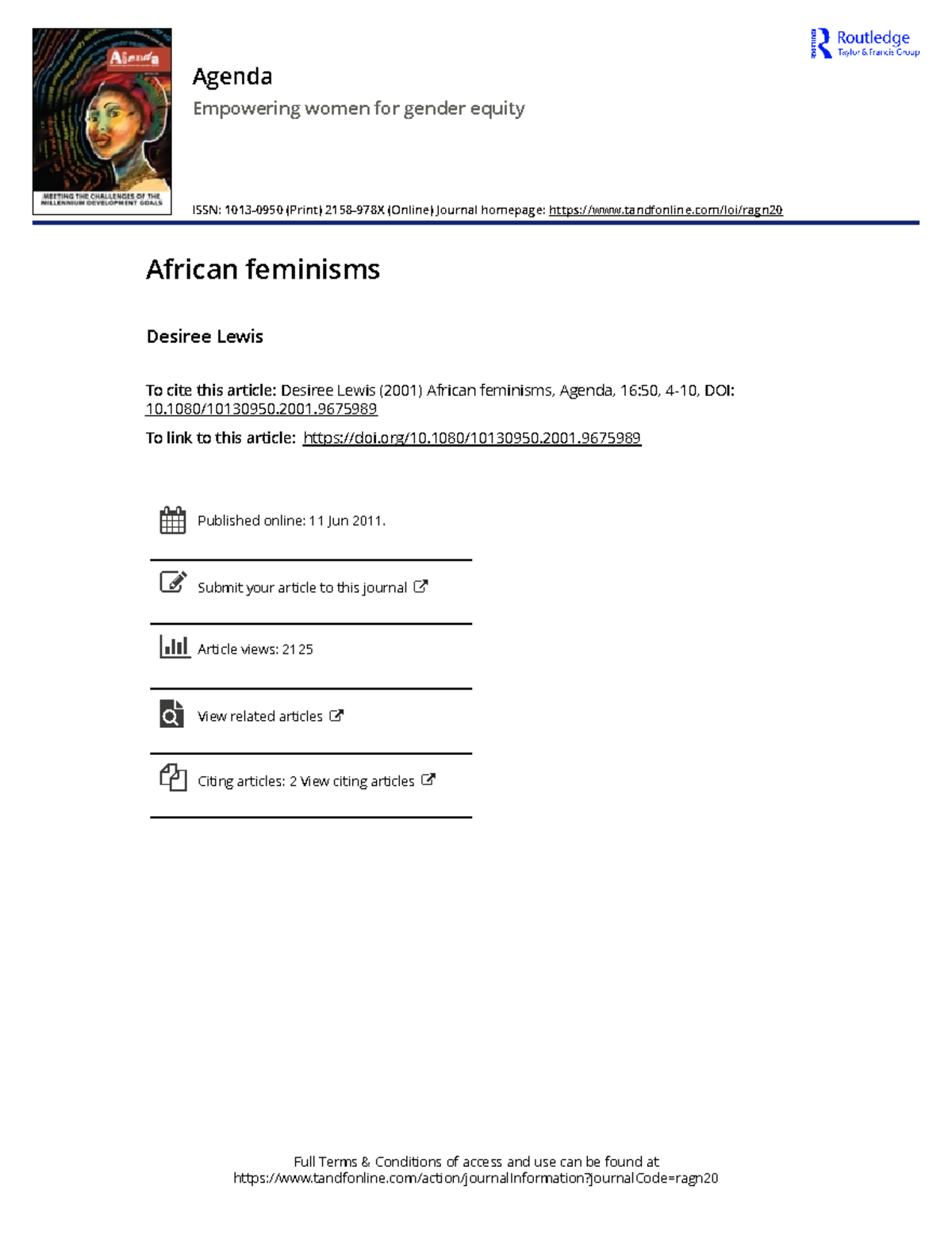 African feminisms - desiree lewis - Full Terms & Conditions of access ...