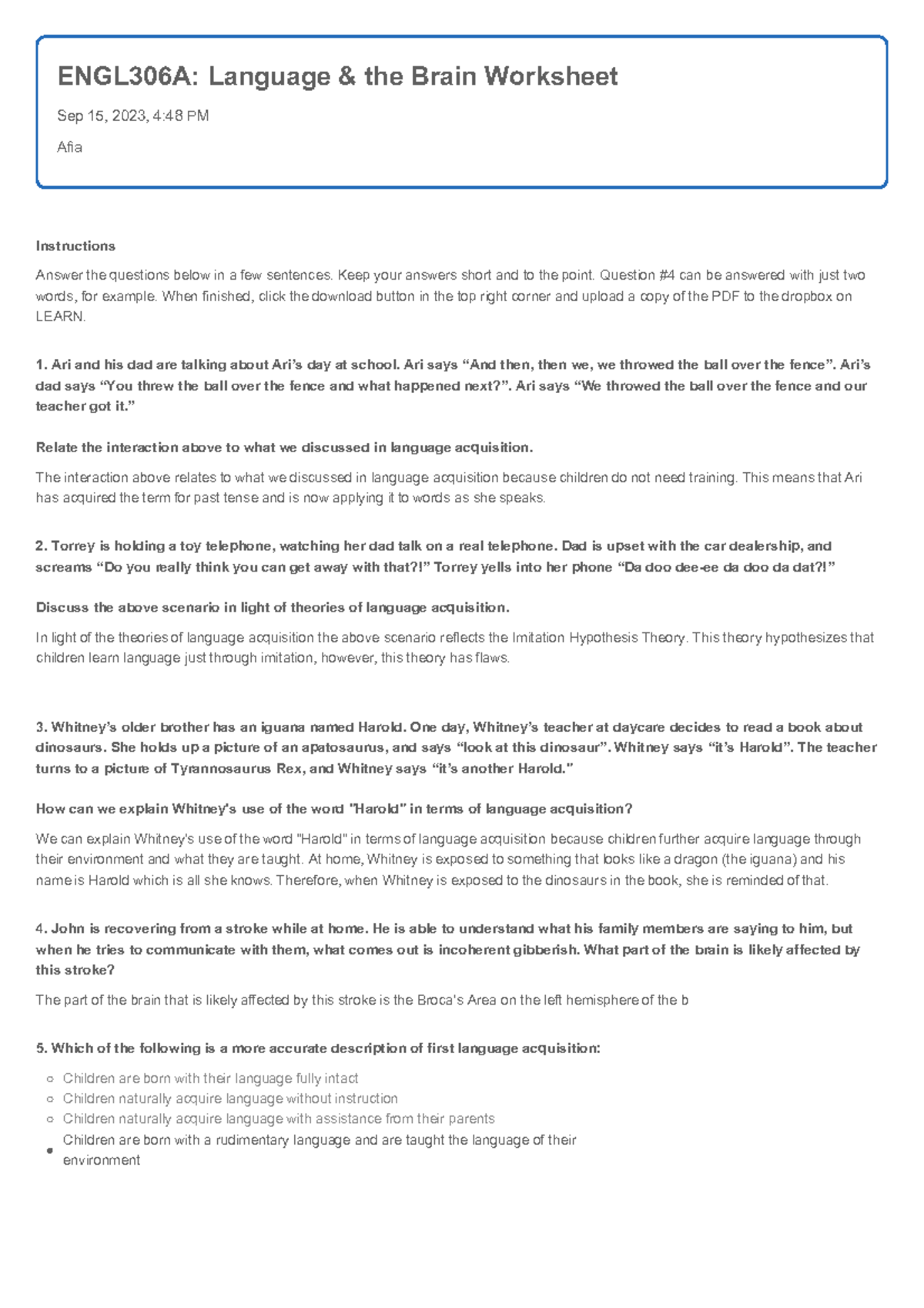 ENGL306A Language amp the Brain Worksheet Afia - ENGL306A: Language ...