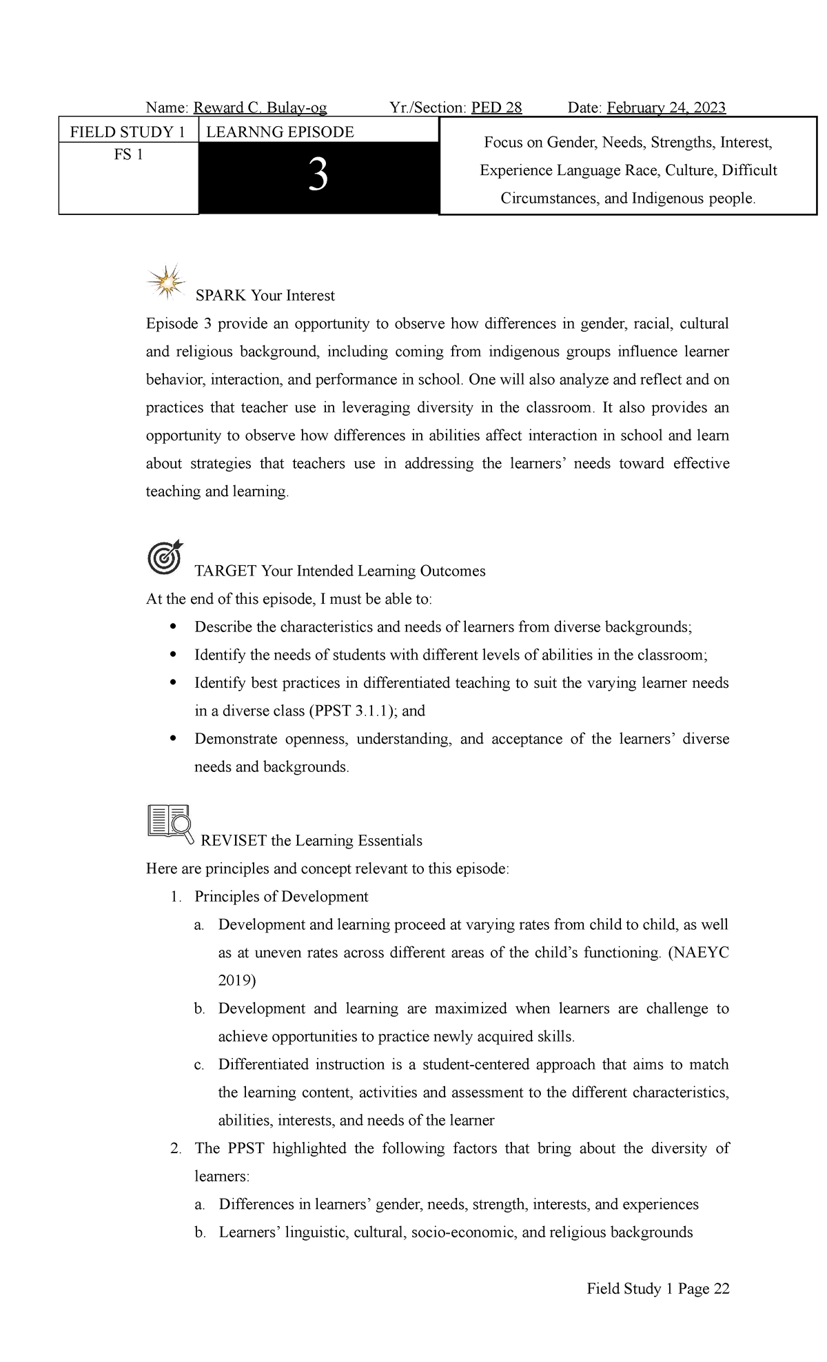 Module 3 and 4. PED 28 FS 1 - Name: Reward C. Bulay-og Yr./Section: PED 28 Date: February 24 ...