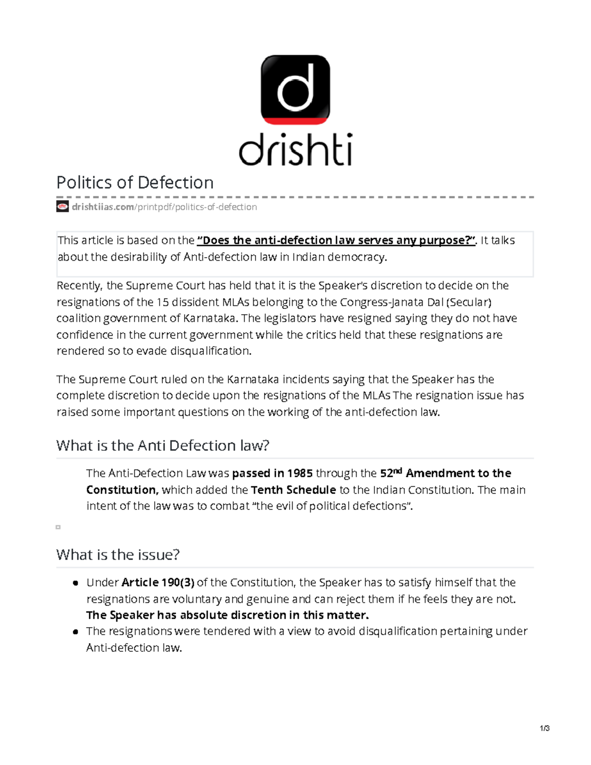 Politics-of-defection - Politics of Defection drishtiias/printpdf ...