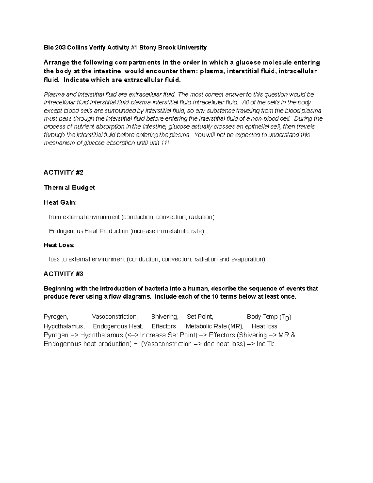 Bio 203 Collins Verify Activity #1 Stony Brook University - Bio 203 ...