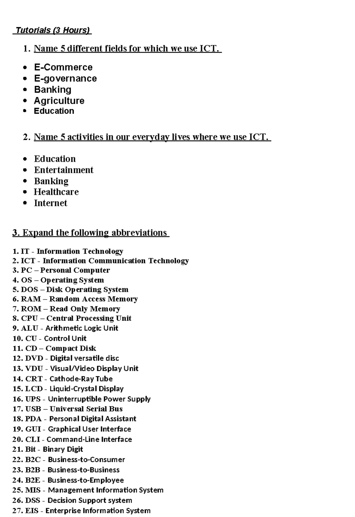 Unit 01 Tutorial 1 - Tutorials (3 Hours) 1. Name 5 different fields for ...