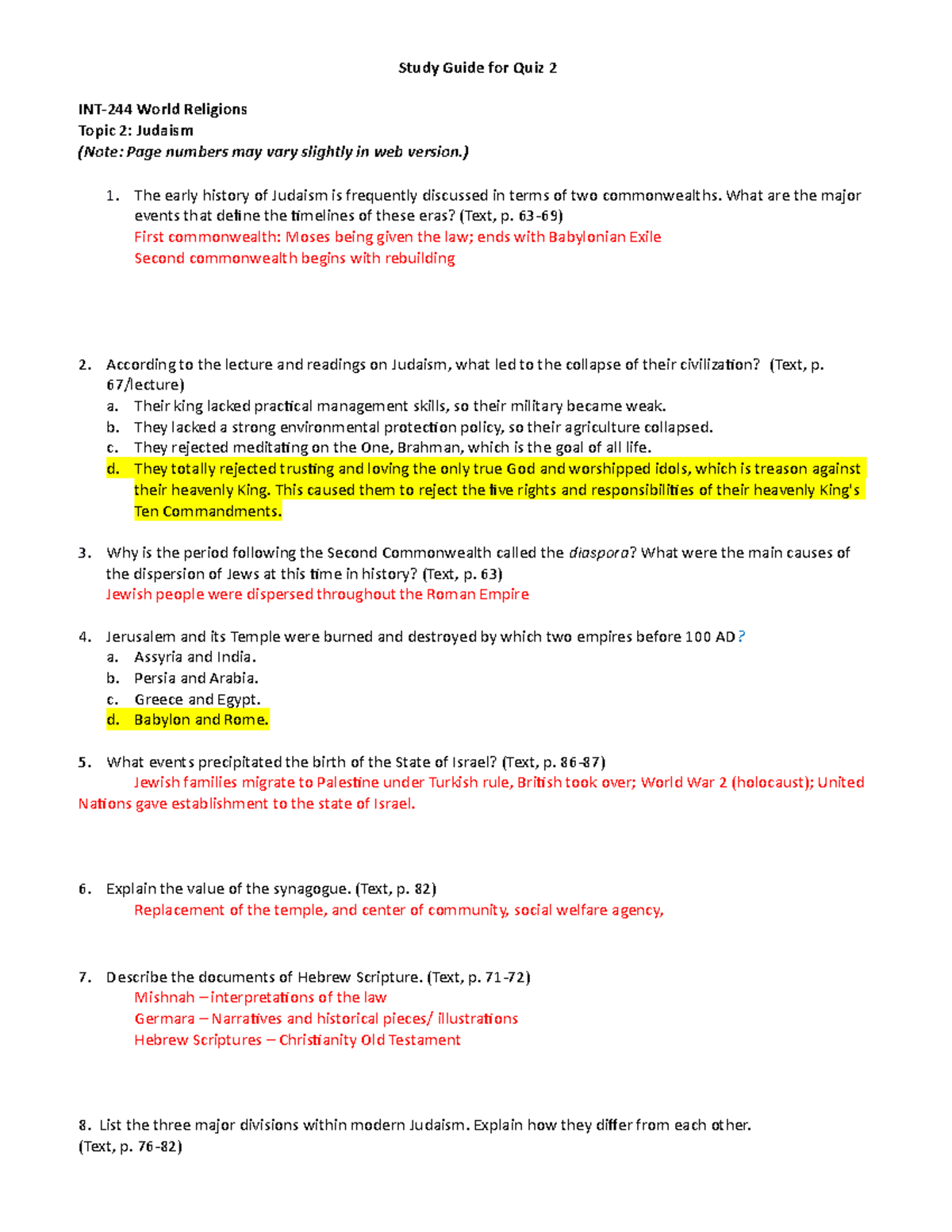 Study Guide for Quiz 2: Study of the Judaism religion - Study Guide for ...