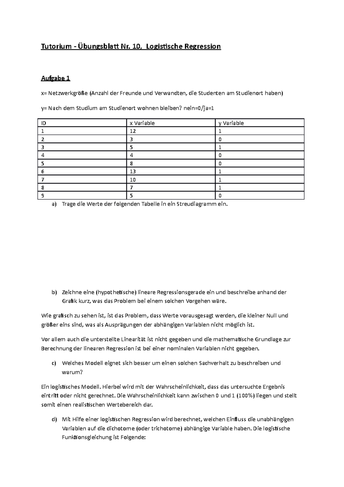 10 Übungsblatt Einleitung Logistische Regression mit Lösungen ...
