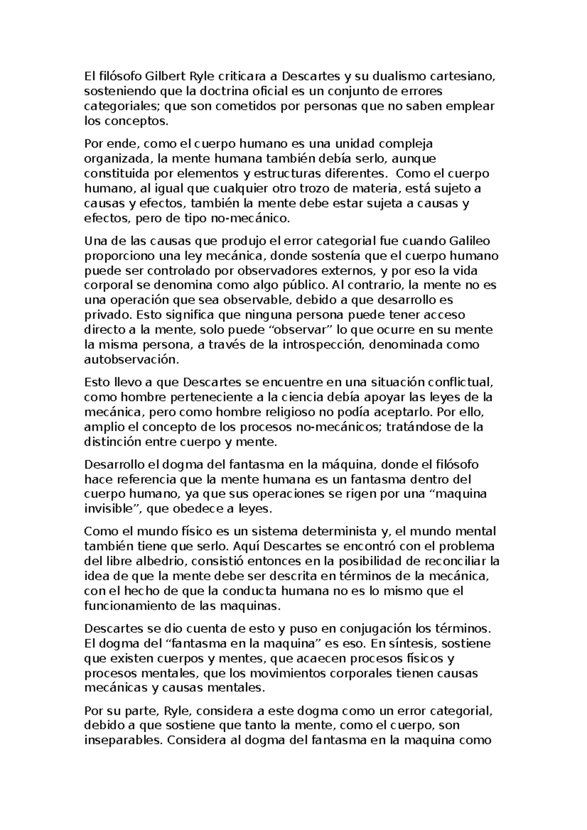 Ryle - Resumen de parcial - El filósofo Gilbert Ryle criticara a ...