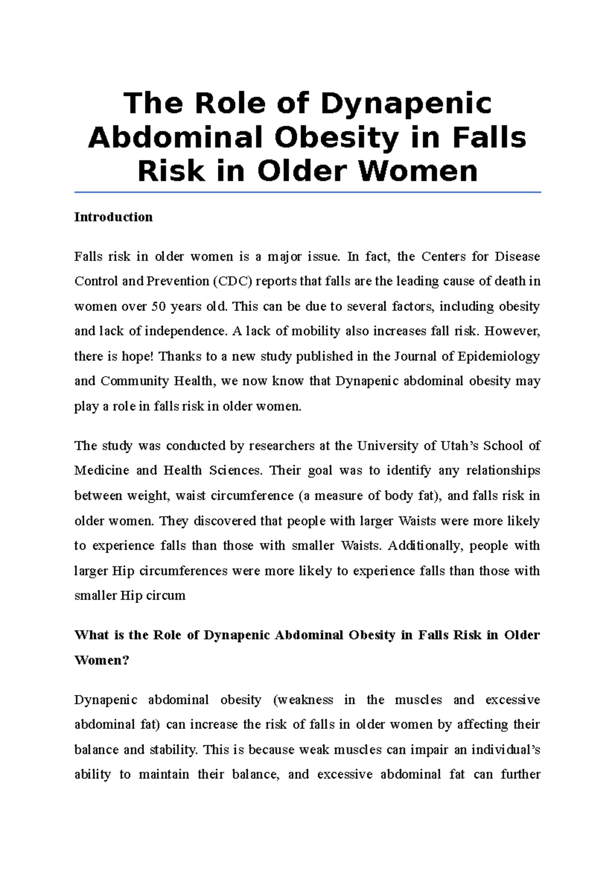 The Role of Dynapenic Abdominal Obesity in Falls Risk in Older Women ...
