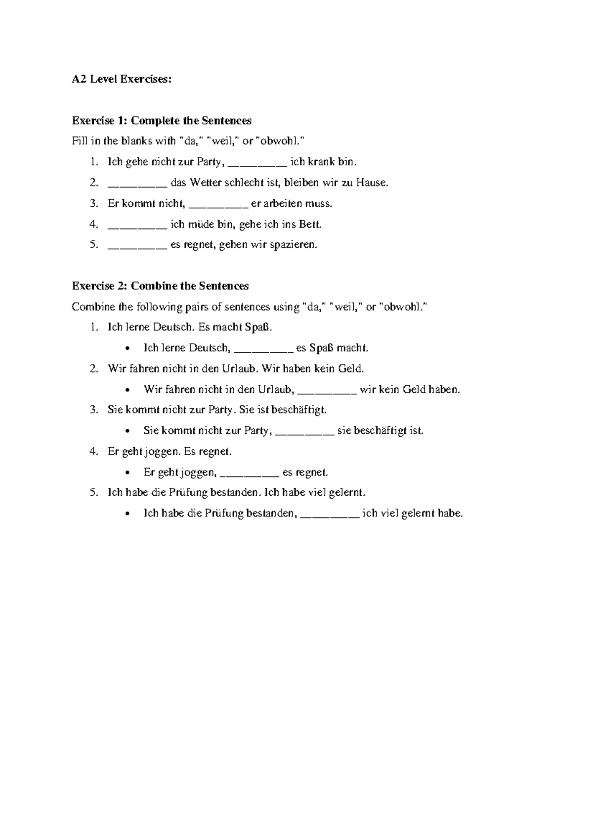 Connectors da, weil, obwohl in A2 & B1 - A2 Level Exercises: Exercise 1 ...