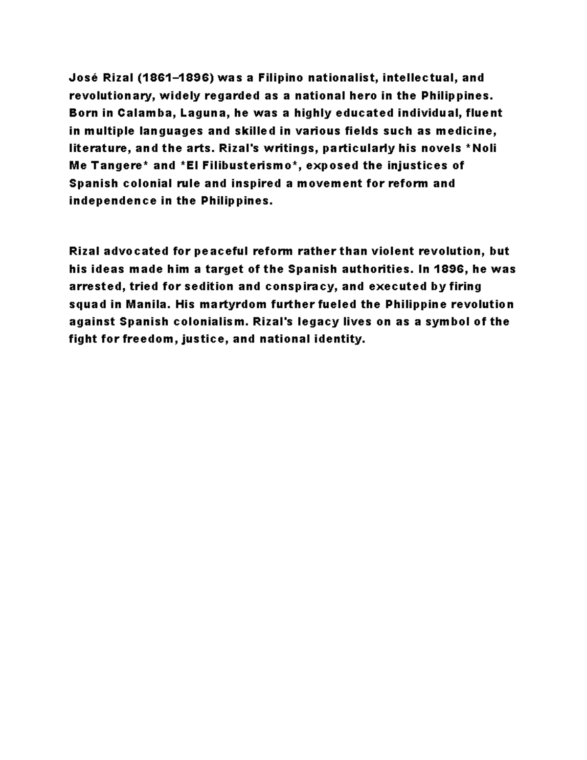 JOSE Rizal'S LIFE Summary - José Rizal (1861–1896) was a Filipino ...