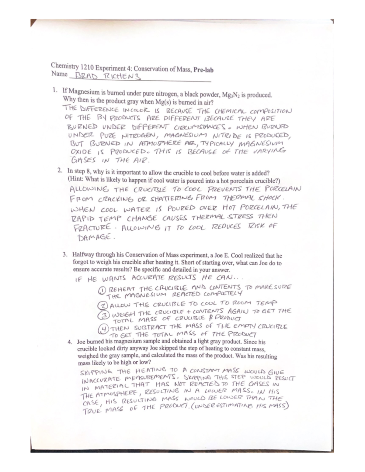 Chemistry 1210 Experiment 4 Conservation of Mass, Pre-lab - CHEM 1215 ...
