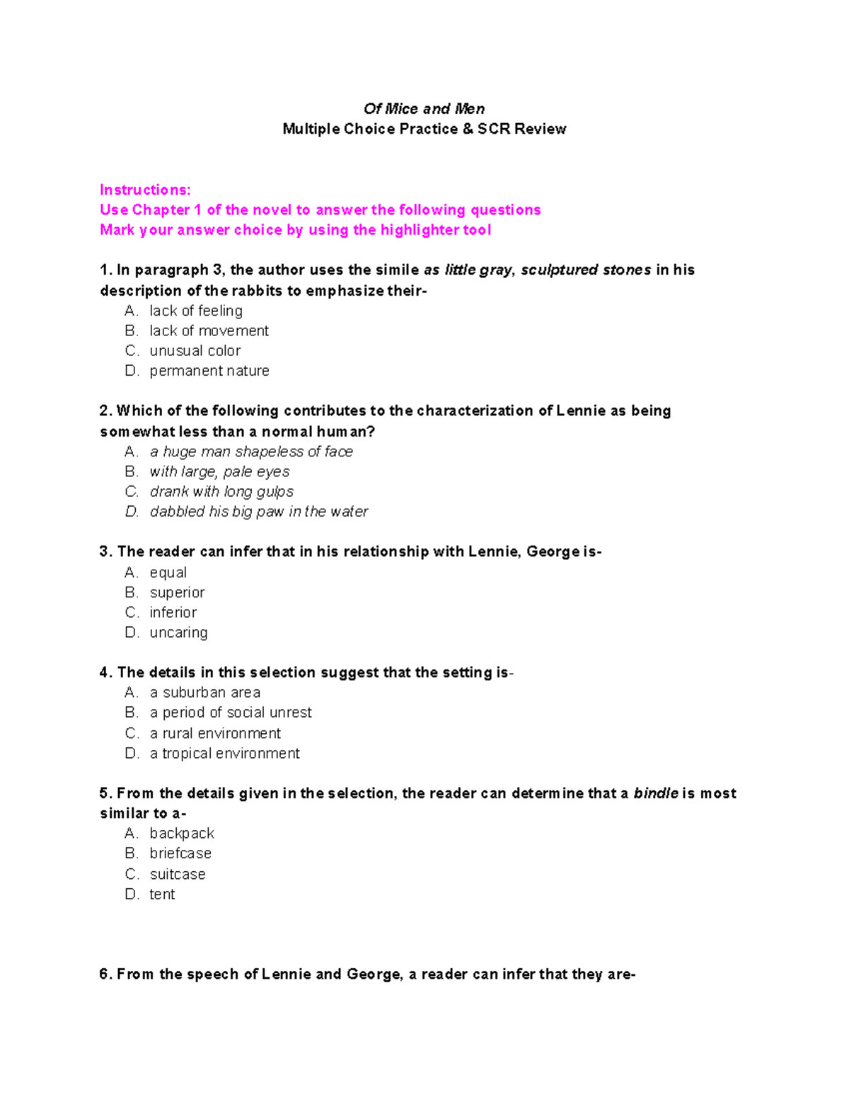 Ch. 1 Of Mice and Men - Instructor given book assignment. - Of Mice and ...