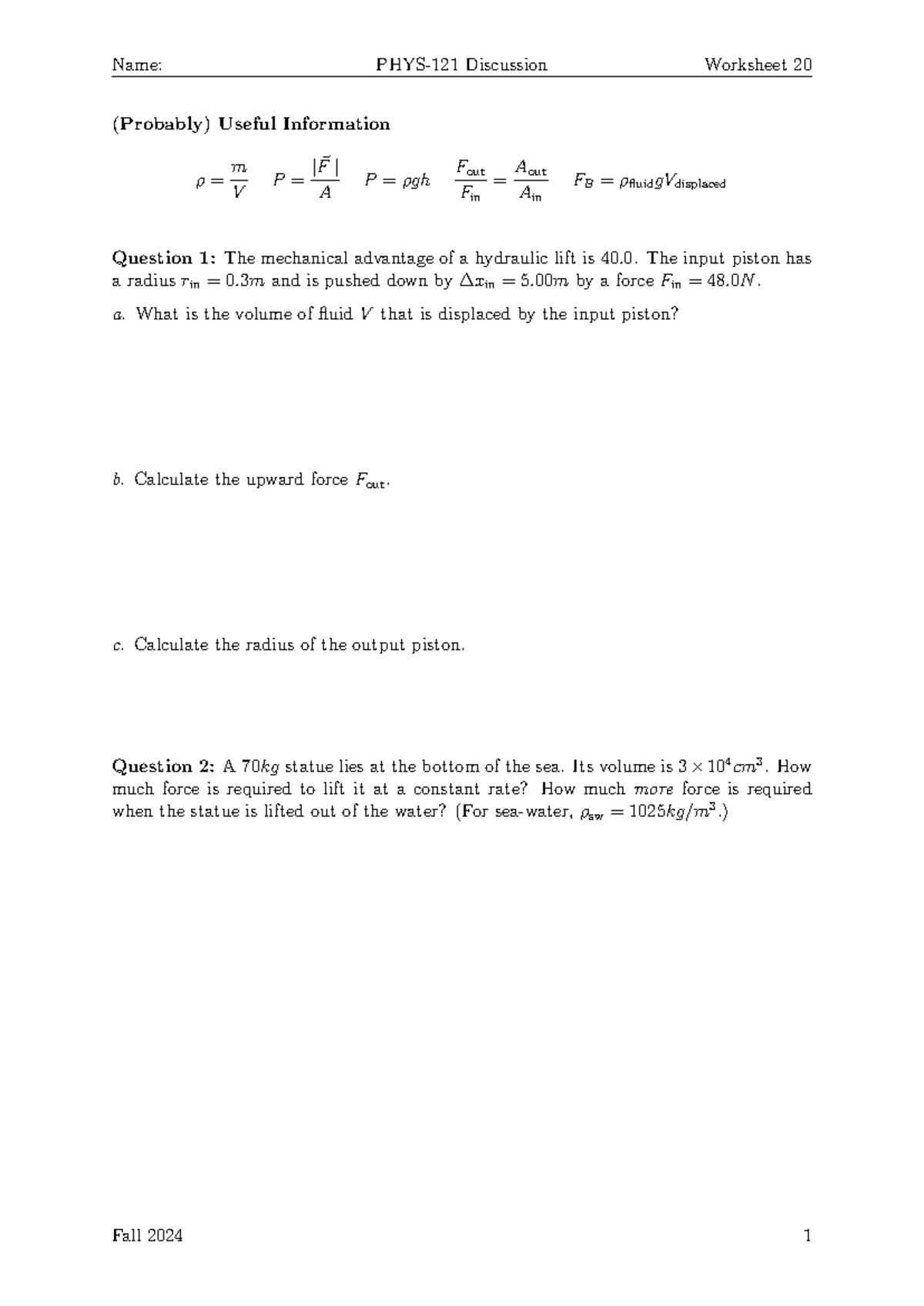 Work-20 - ch 10 practice - Name: PHYS-121 Discussion Worksheet 20 ...