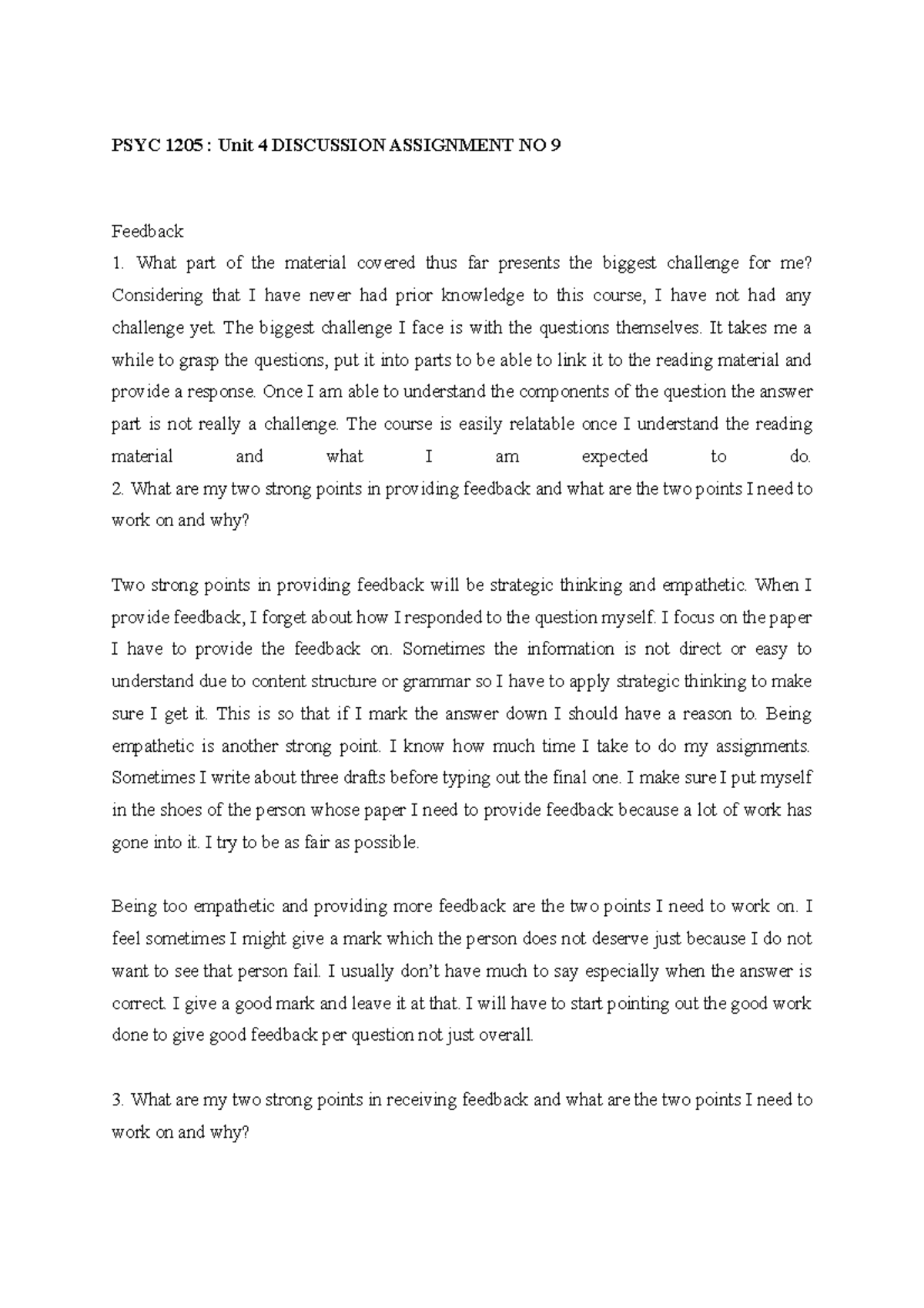 PSYC 1205 UNIT 4 DF Assignment Number 9 - PSYC 1205 : Unit 4 DISCUSSION ASSIGNMENT NO 9 Feedback ...