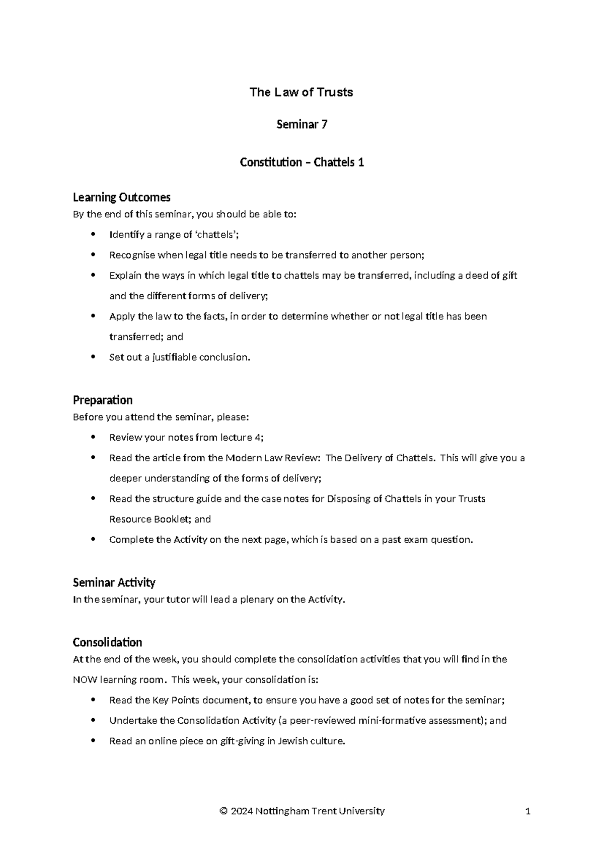 Seminar 7 Briefing - Constitution Chattels 1 - The Law of Trusts ...