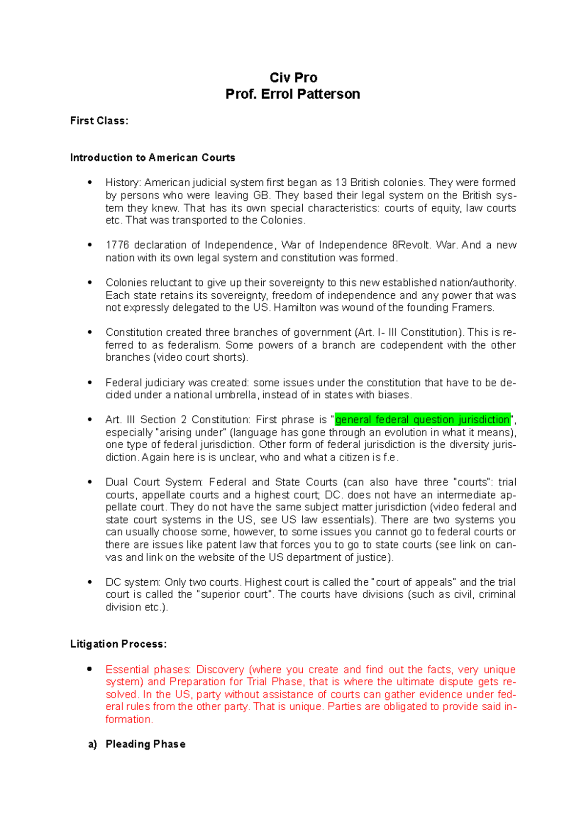 Patterson Civil Procedure Fall 2020 - Civ Pro Prof. Errol Patterson ...