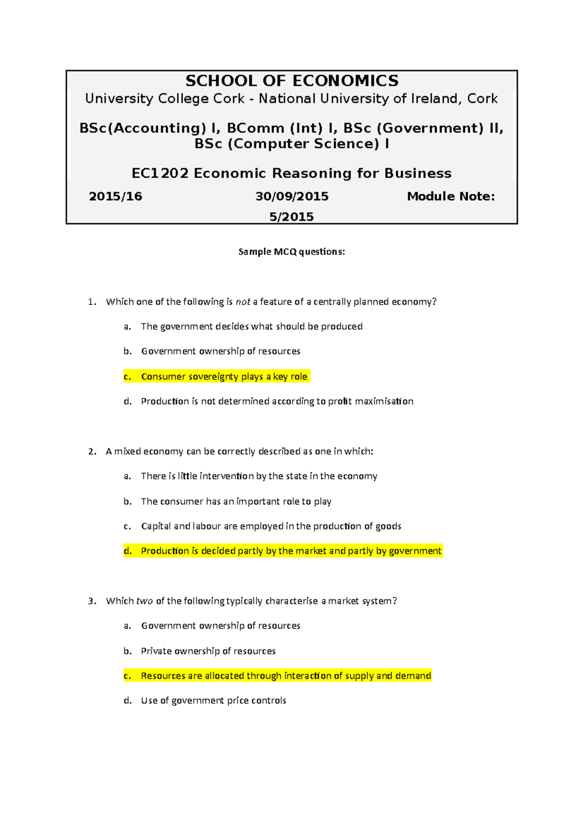 Sample/practice exam 2016, questions and answers - SCHOOL OF ECONOMICS ...