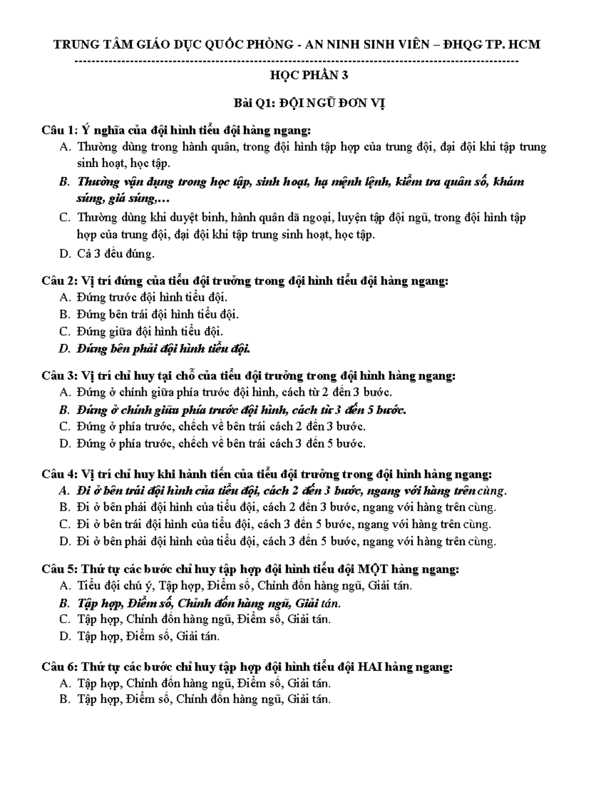 HP3 HP4 ĐÃ GHÉP ĐẦY ĐỦ - Qsu - HỌC PHẦN 3 Bài Q1: ĐỘI NGŨ ĐƠN VỊ Câu 1: Ý nghĩa của đội hình ...