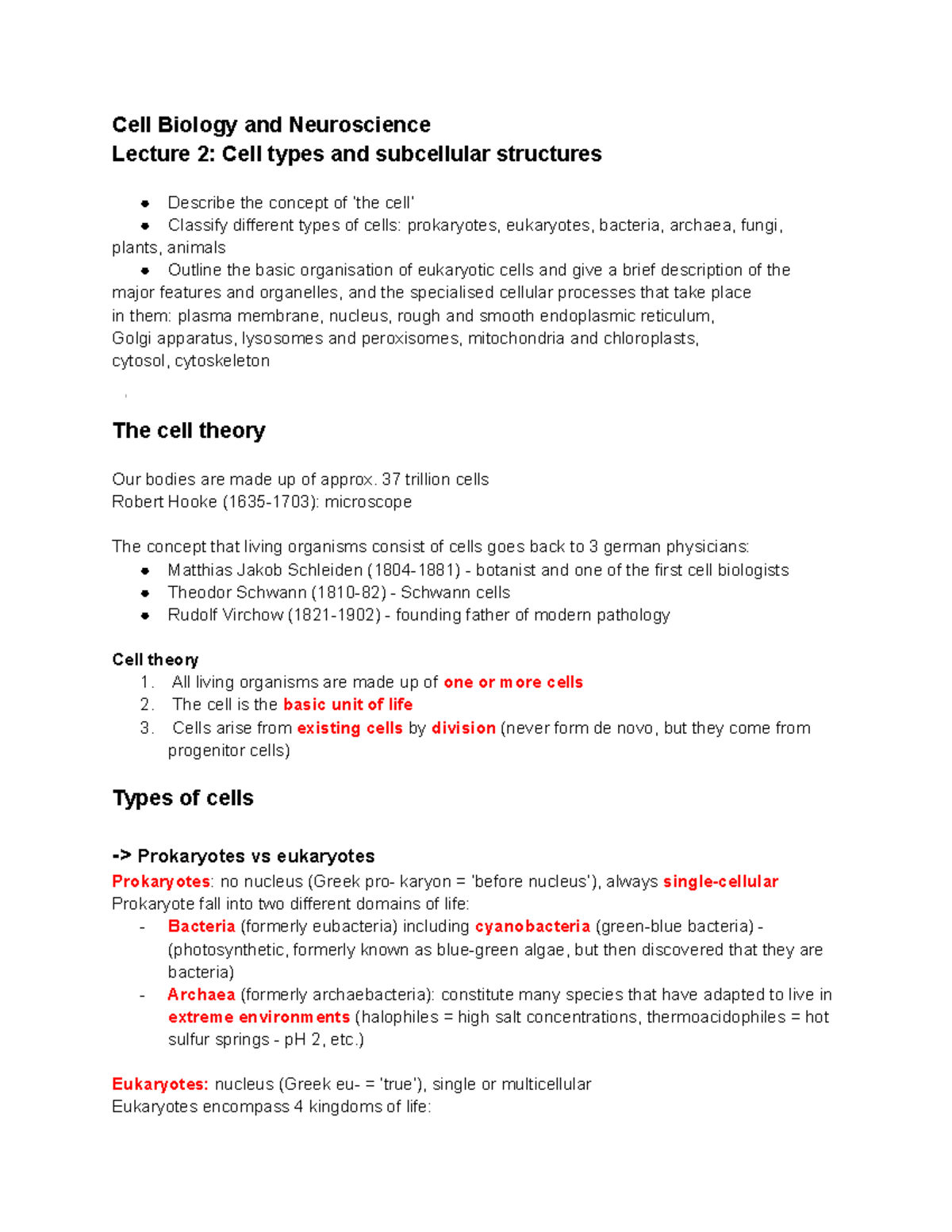 Lecture 2 notes: Cell types and subcellular structures 4BBY1030 Cell ...