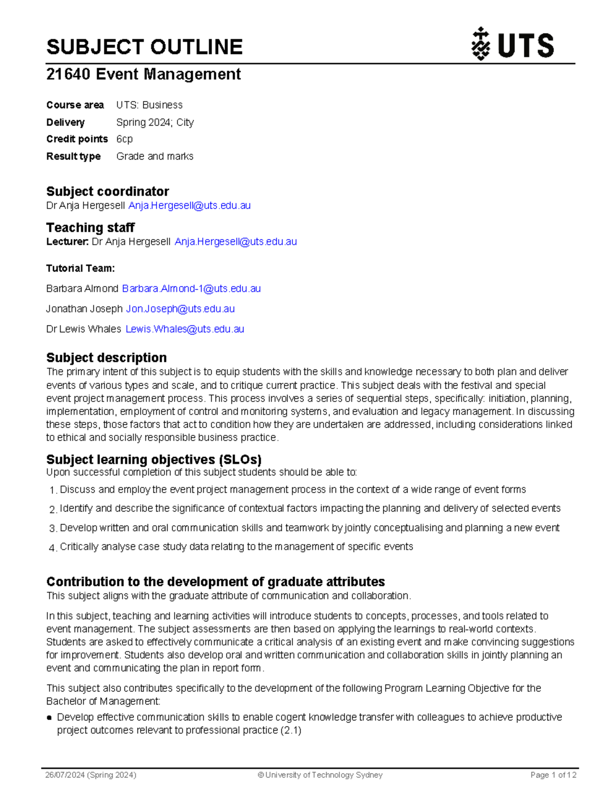 Outline - SUBJECT OUTLINE 21640 Event Management Subject coordinator Dr ...