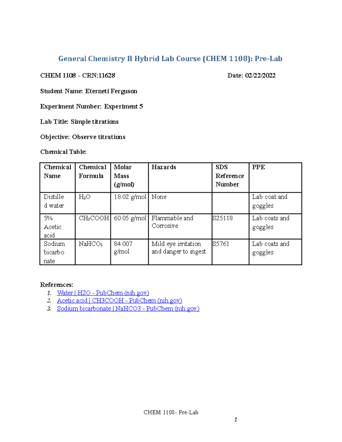 CHEM 1108 Hybrid Pre-Lab 5 - General Chemistry II Hybrid Lab Course ...