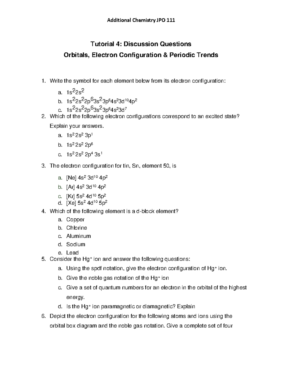 Tutorial 4-Theme 4 Student Copy - Additional Chemistry JPO 1 11 Tutorial 4: Discussion Questions ...