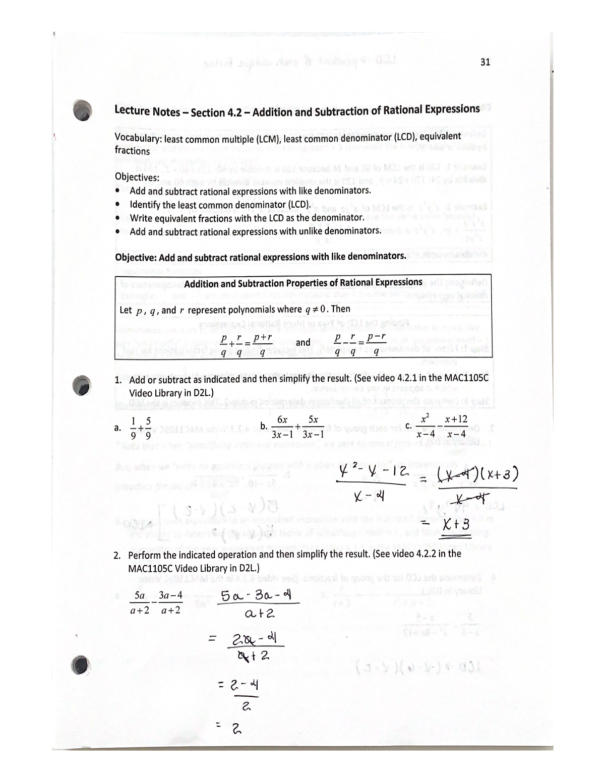 Lecture Notes Section 4 2 Addition And Subtraction Of Rational Expressions Identify The
