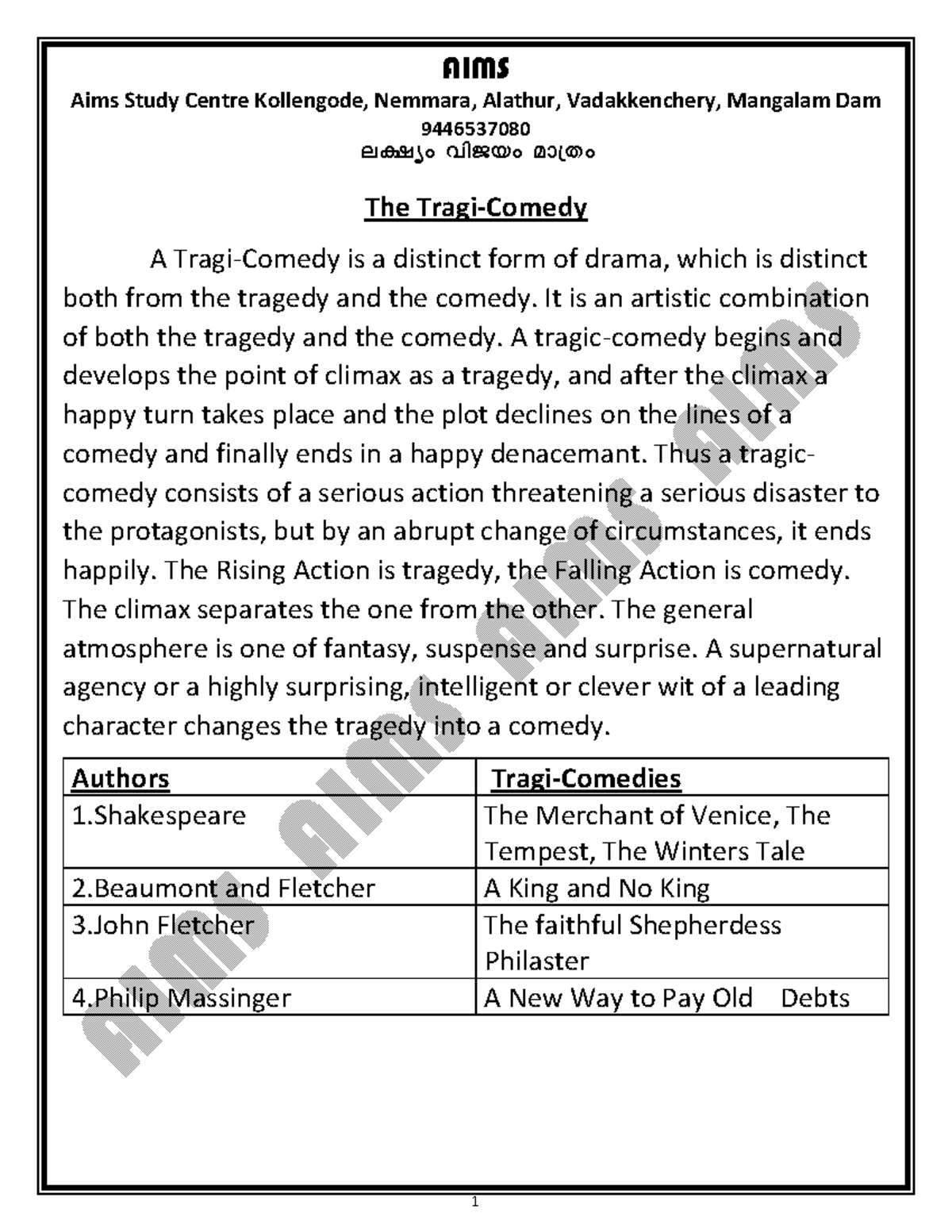 THE Tragic Comedy - Its lectures note - Aims Study Centre Kollengode, Nemmara, Alathur, - Studocu