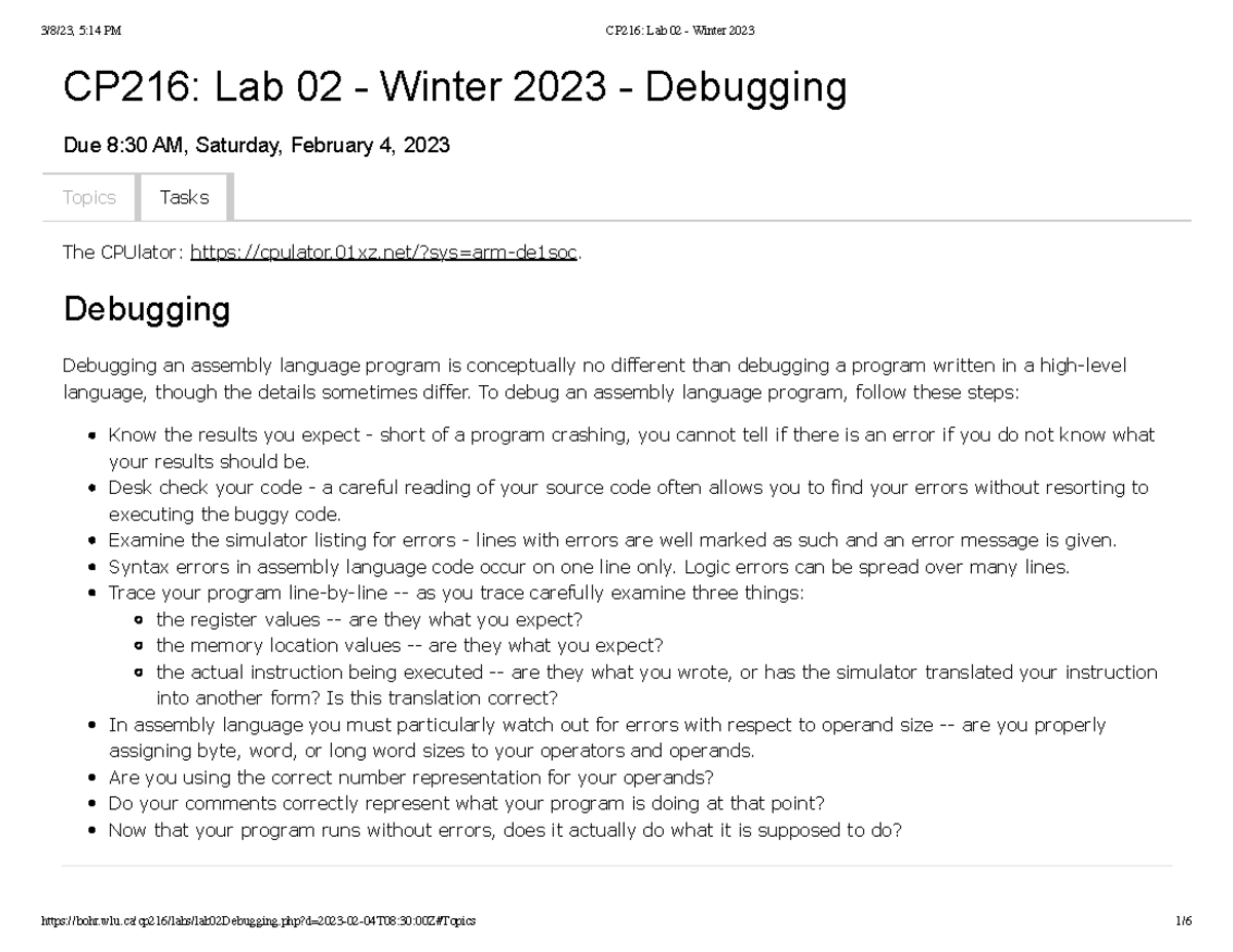 CP216 Lab notes - Topics Tasks CP216: Lab 02 - Winter 2023 - Debugging ...