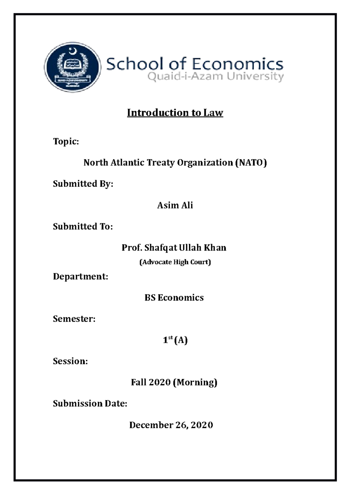 Assignment Intro to Law by Asim Ali - Introduction to Law Topic: North ...